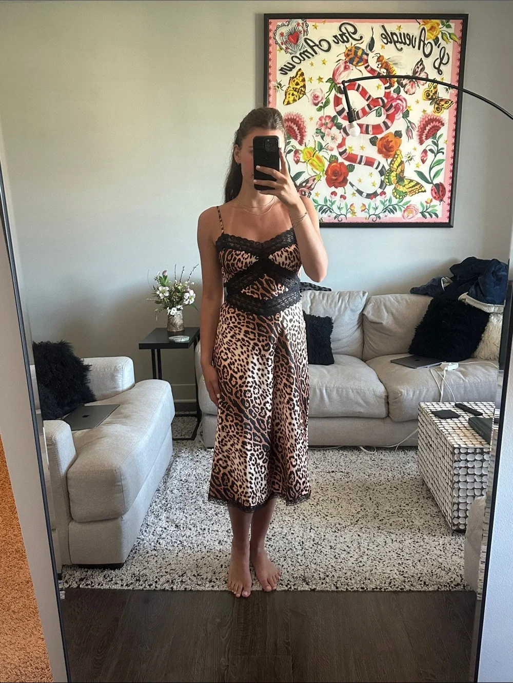 Zara | Dresses | Zara Leopard Print Midi Slip Dress With Black Lace ...
